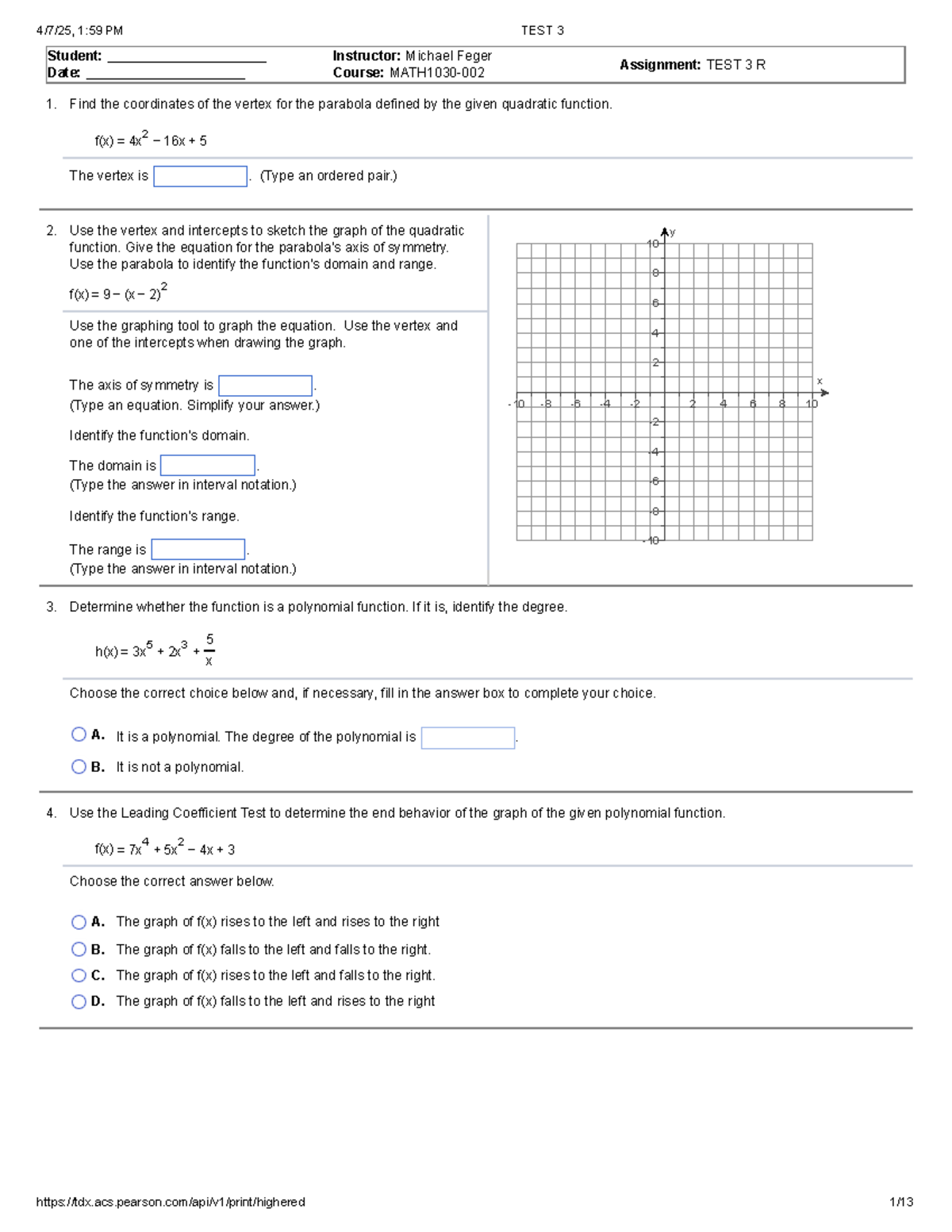 MATH1030-002 Test 3: Polynomial Functions and Inequalities Analysis - 1 ...