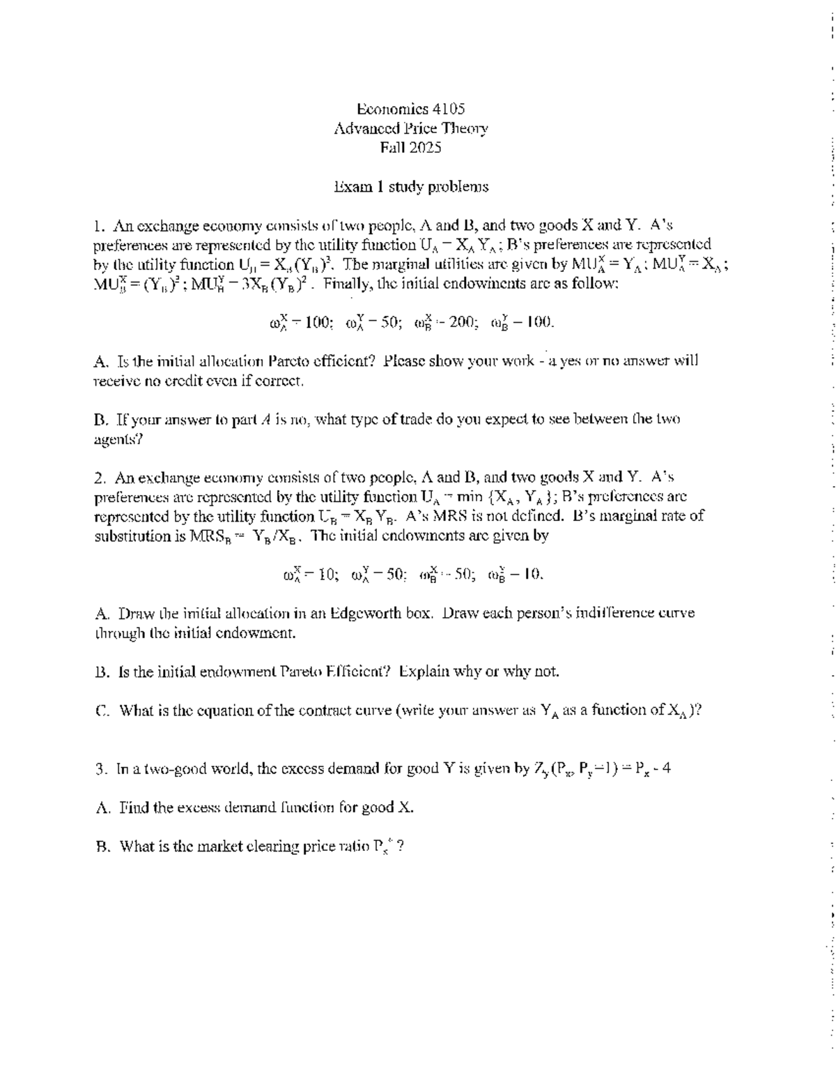 Economics 4105 Advanced Price Theory Fall 2025 Final Exam Study Guide ...