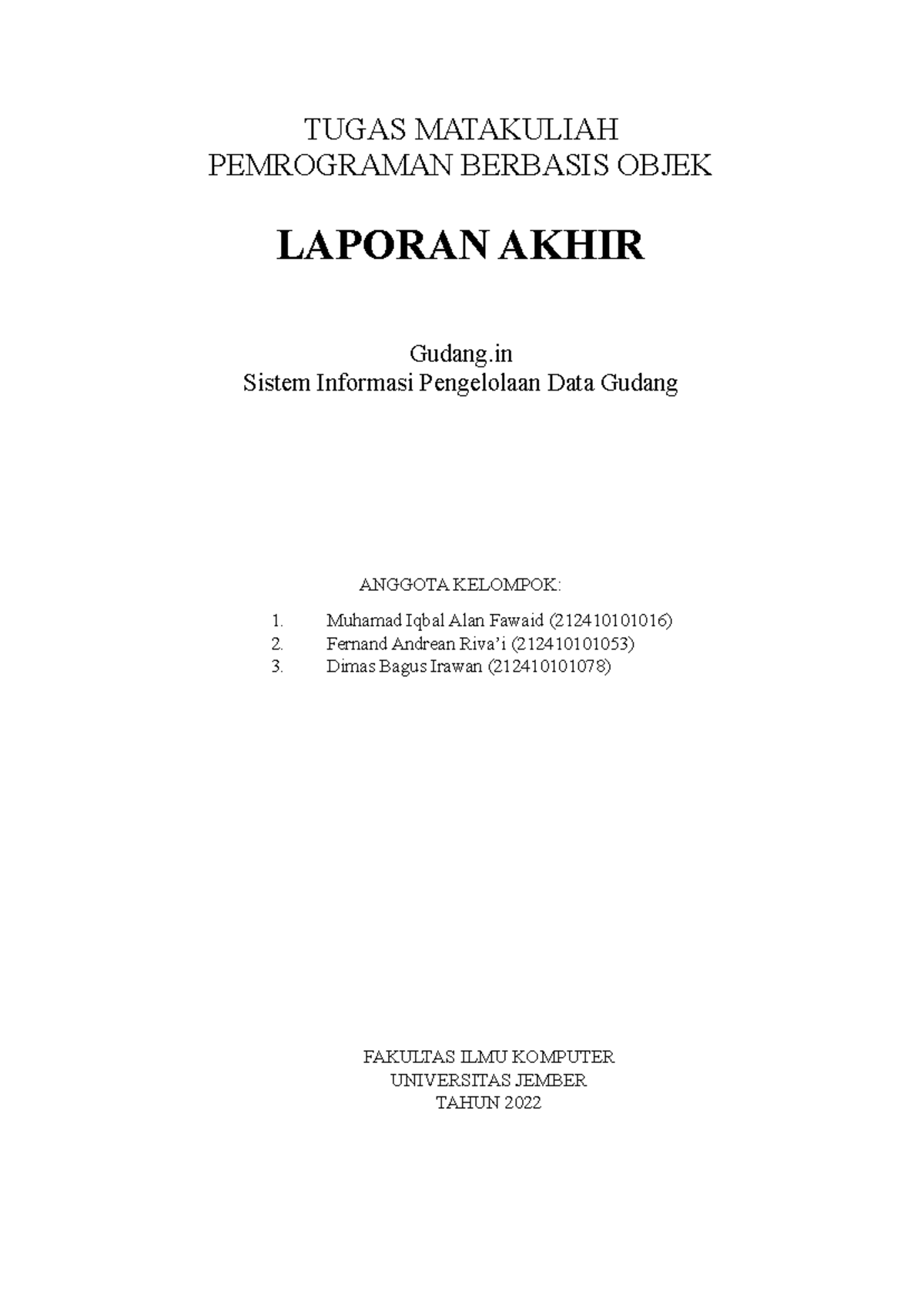 Laporan Akhir Project PBO: Sistem Informasi Pengelolaan Gudang - Studocu
