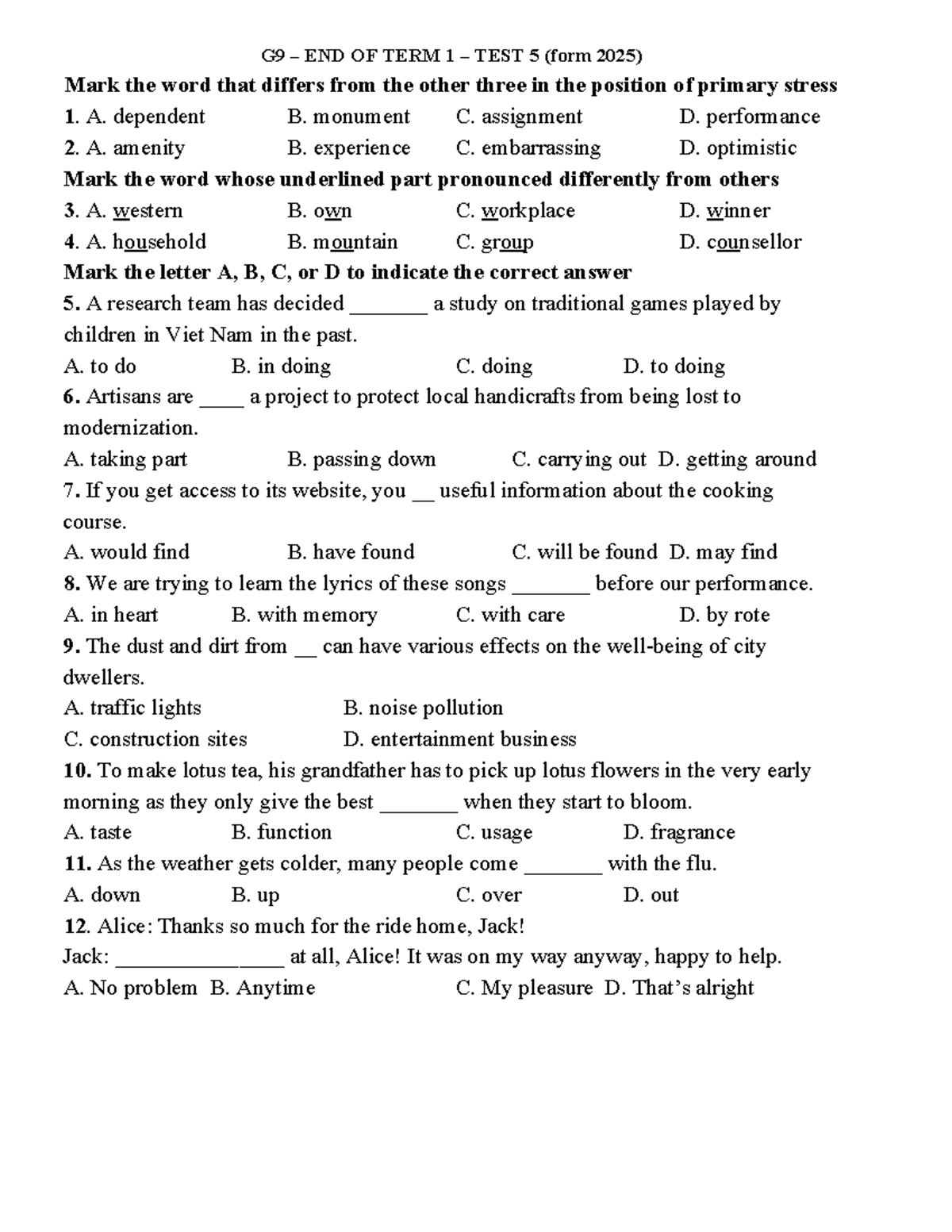 G9 END OF TERM 1 TEST 5 (Form 2025) - Language Skills Assessment - Studocu