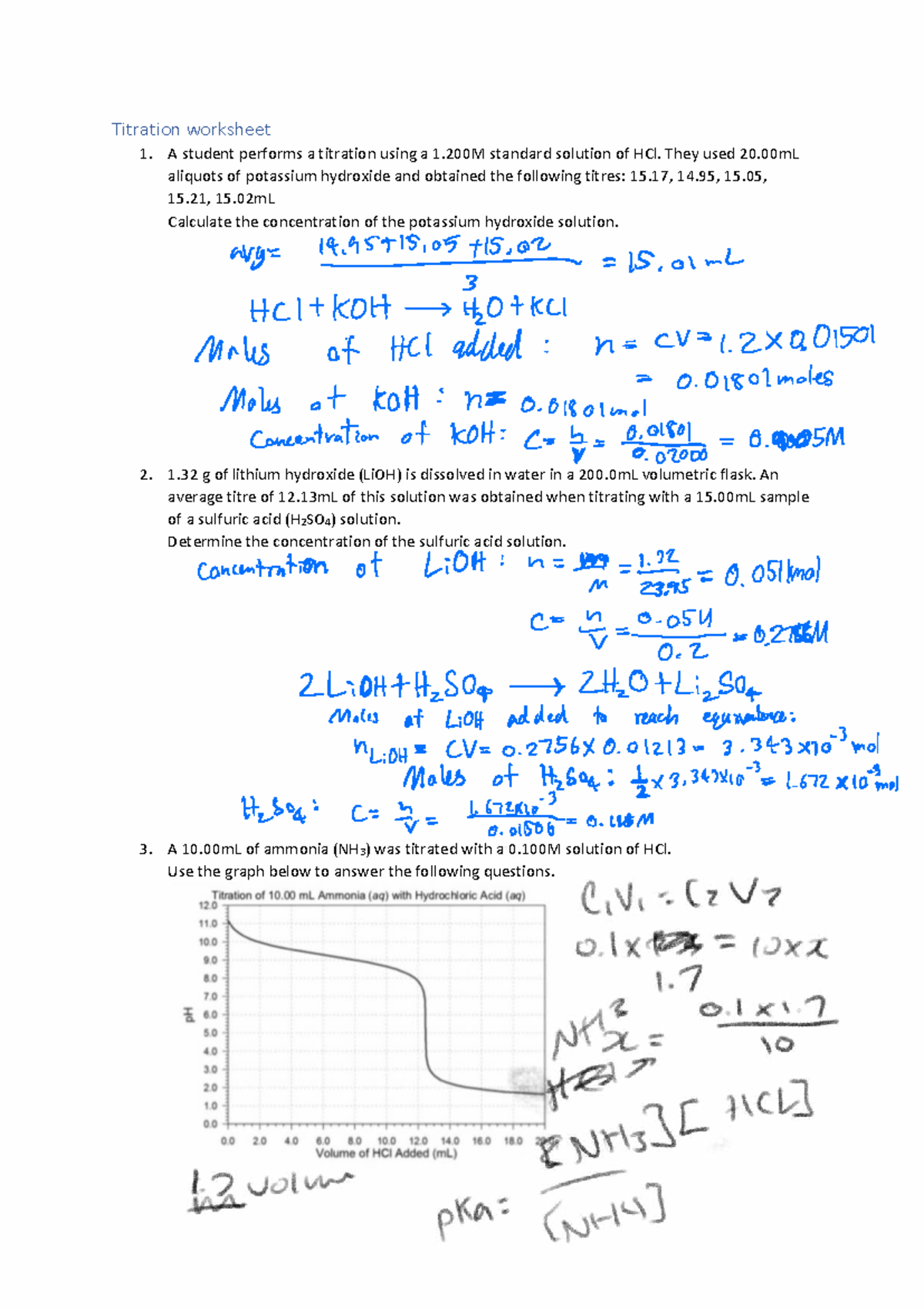 Titration Worksheet 1: Calculating Concentrations of HCl and KOH - Studocu