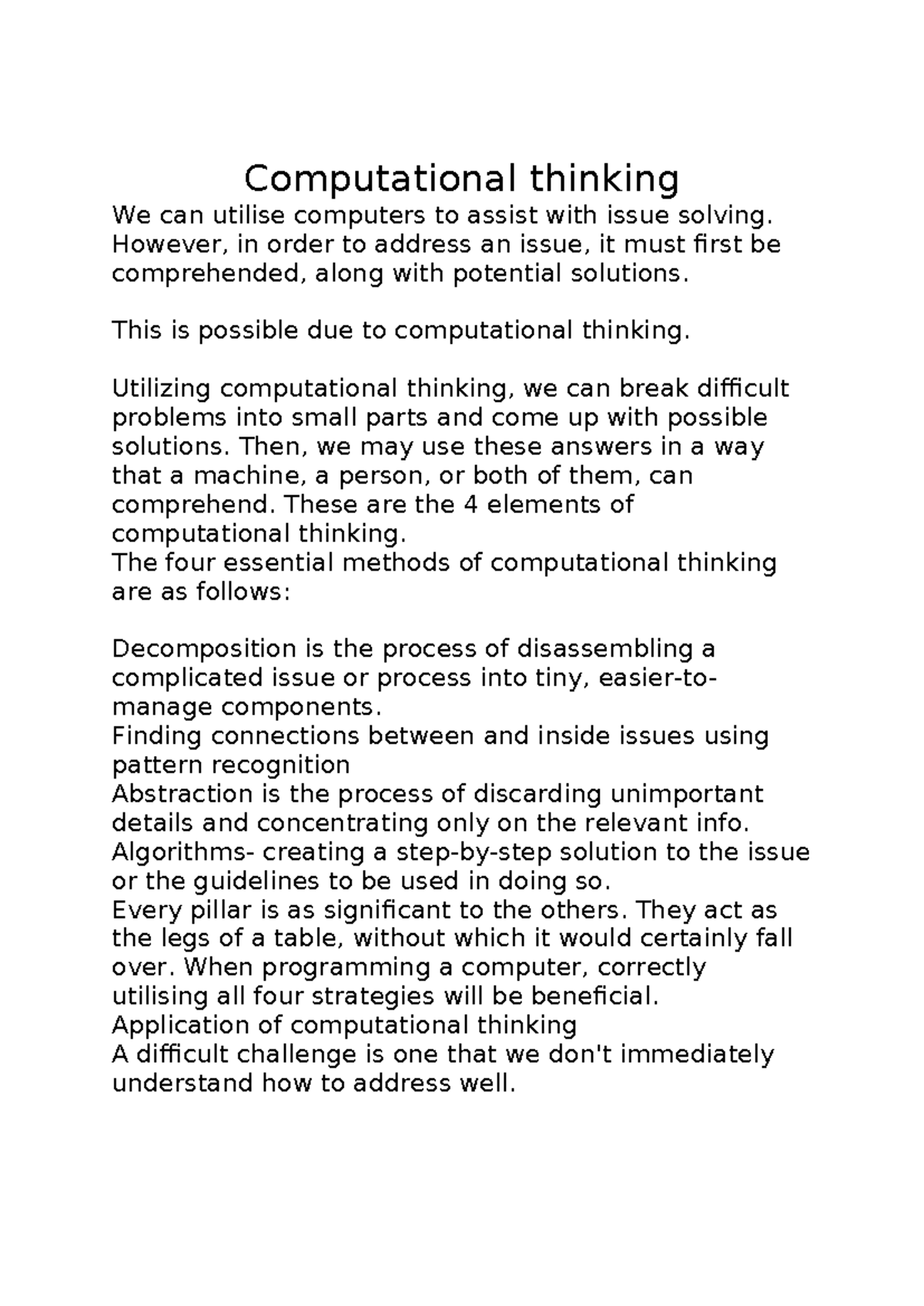 Computational Thinking: Breakdown of Problem-Solving Techniques - Studocu