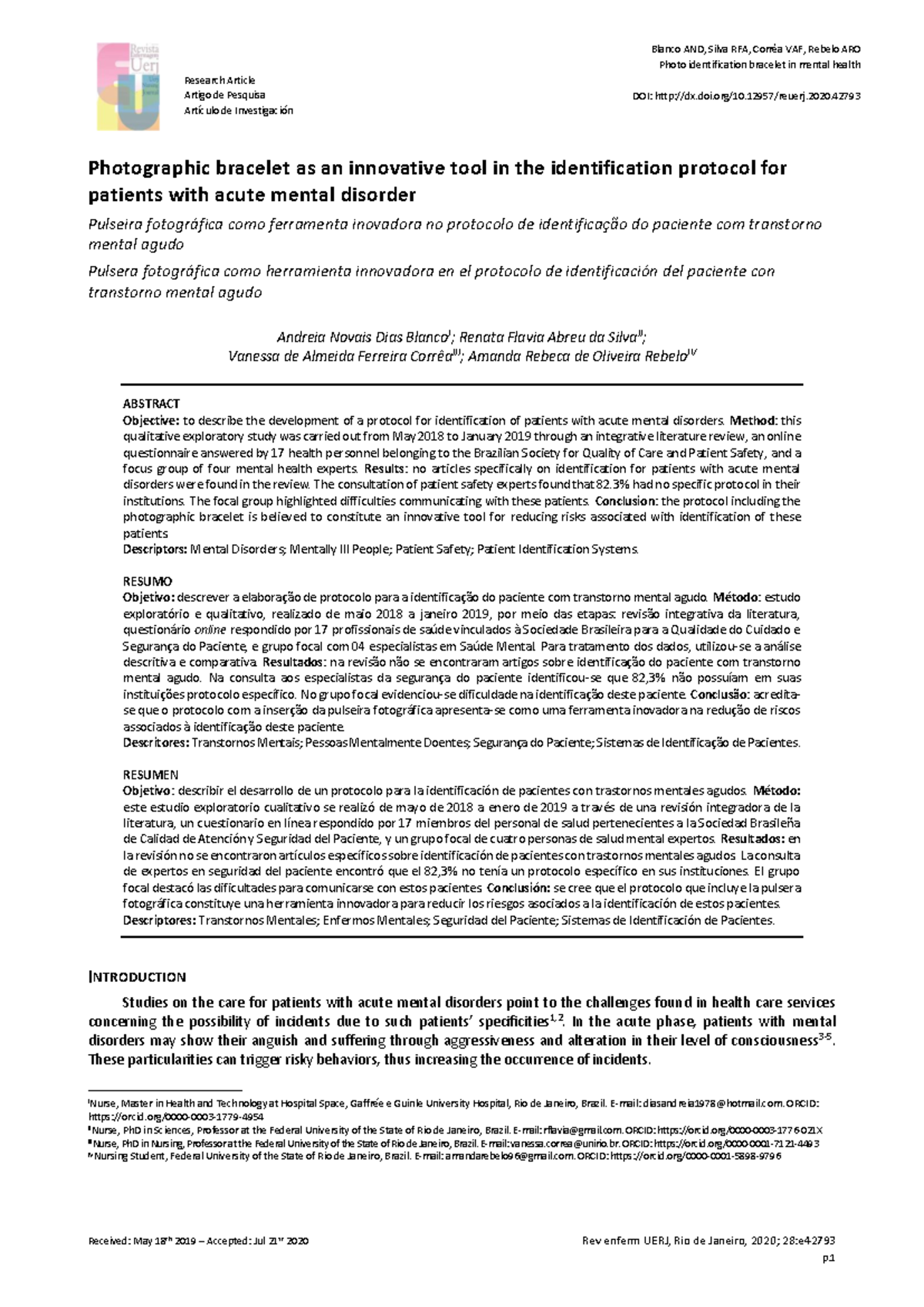 Photo ID Bracelet Protocol for Patients with Acute Mental Disorders ...