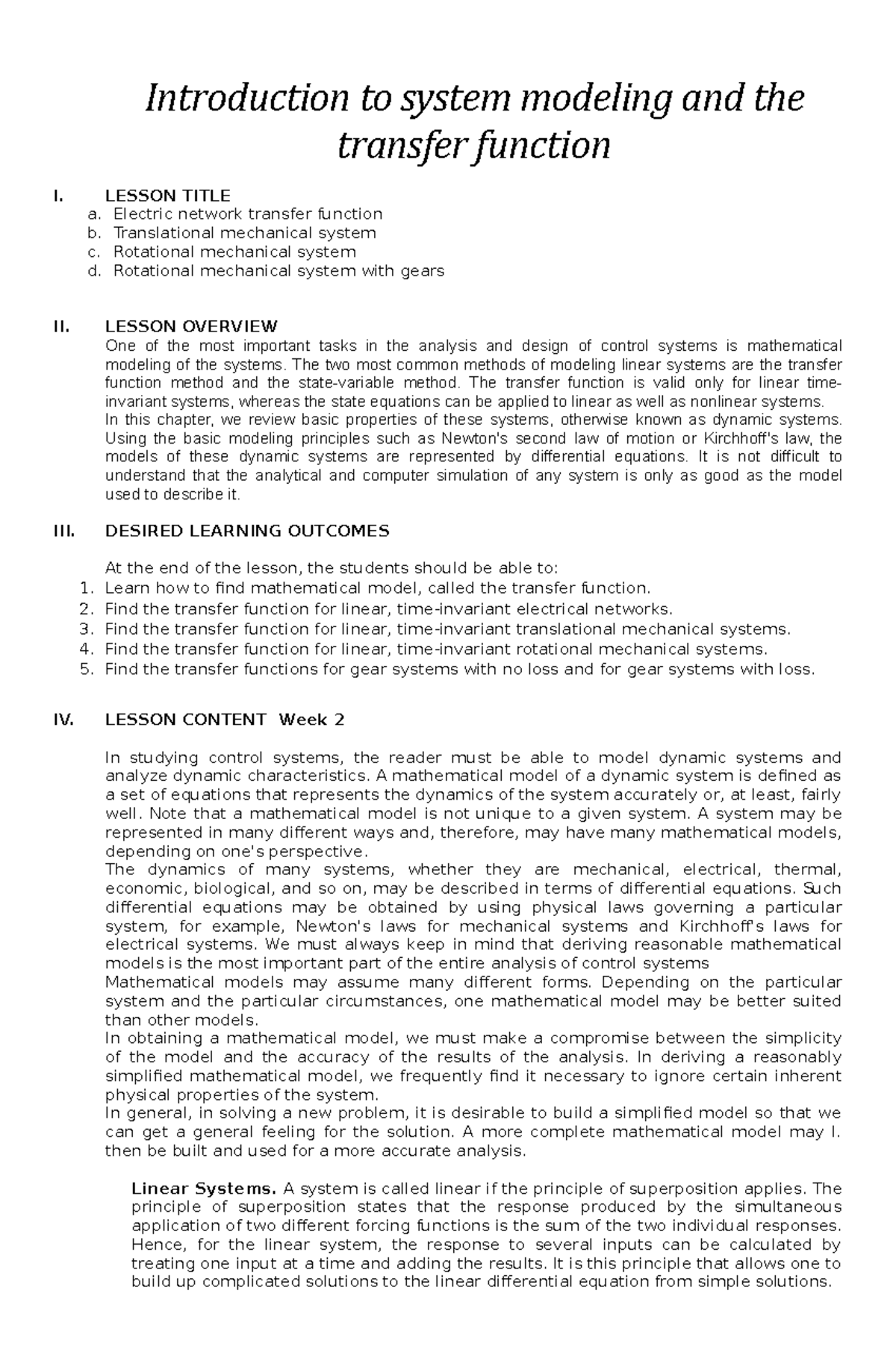 Module 2-Introduction to system modeling and the transfer function - Introduction to system ...