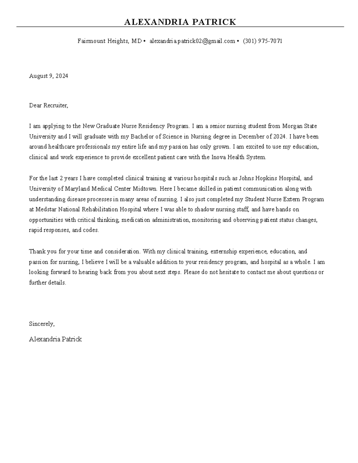 Inova Health System New Grad Nurse Residency Cover Letter - Studocu