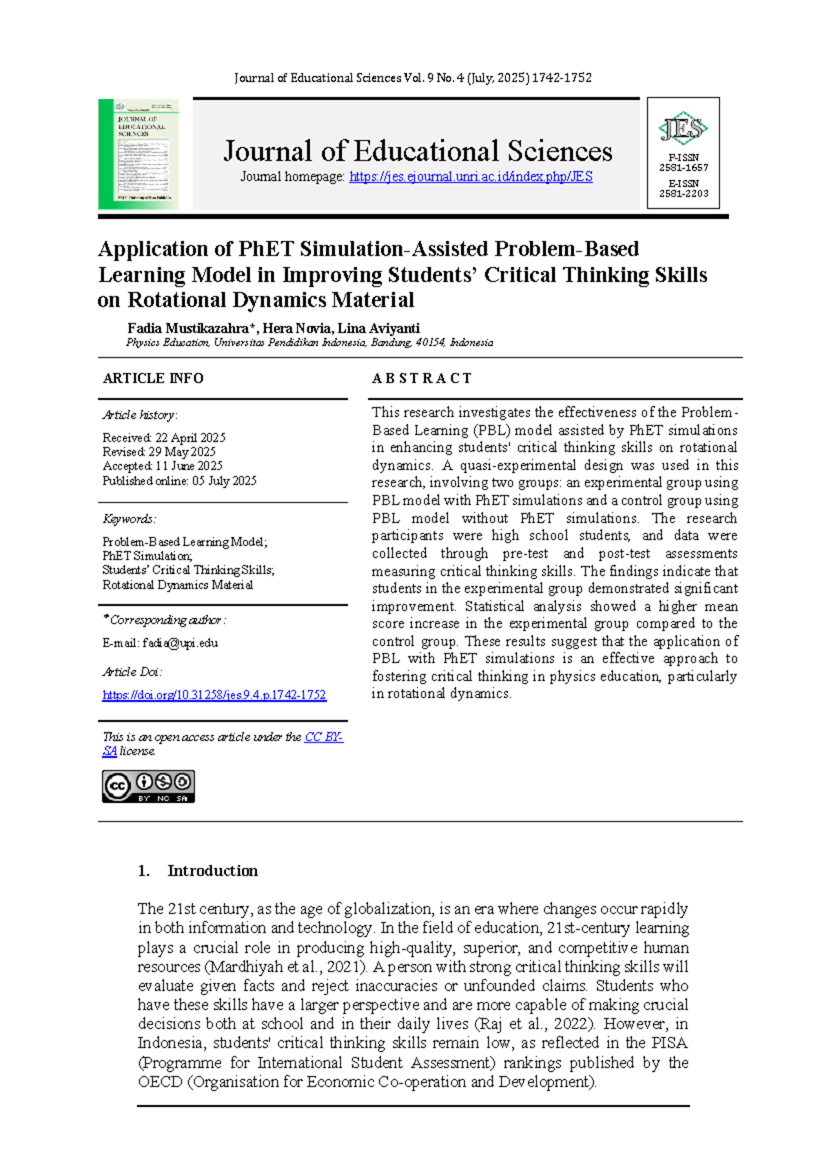 Application of PBL with PhET Simulations to Enhance Critical Thinking ...