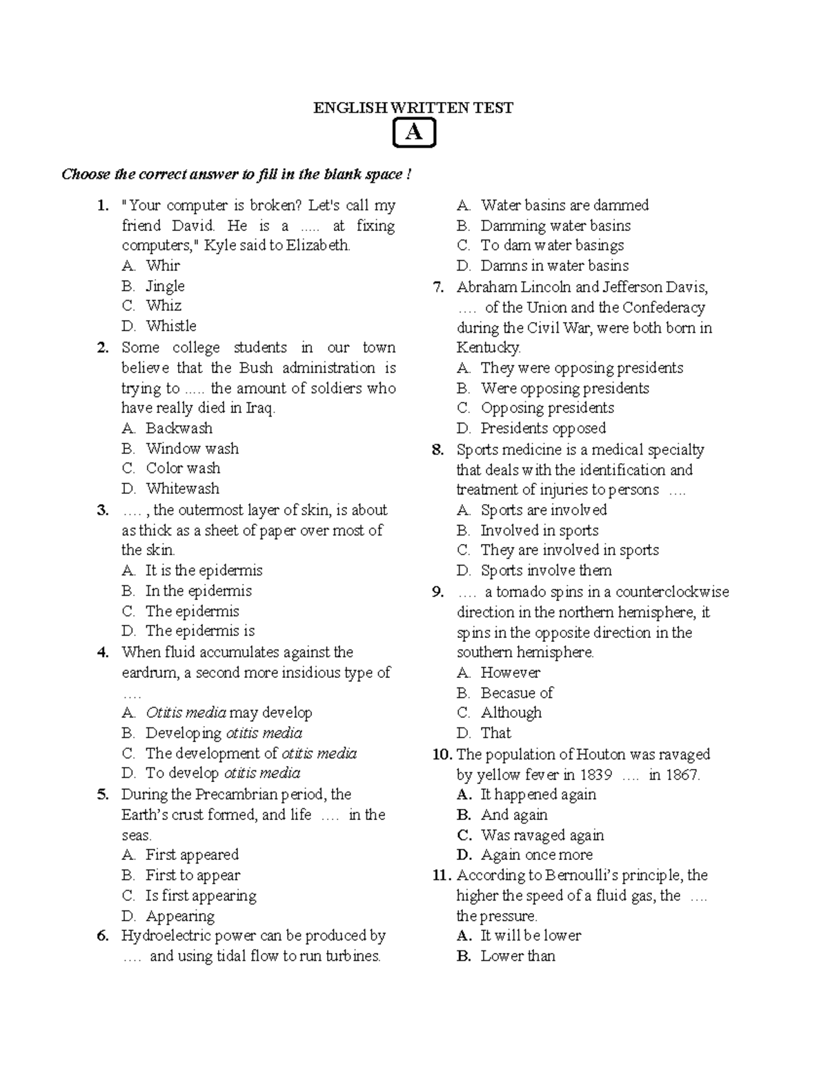 [English] Written Test A: Fill-in-the-Blank Questions and Answers - Studocu