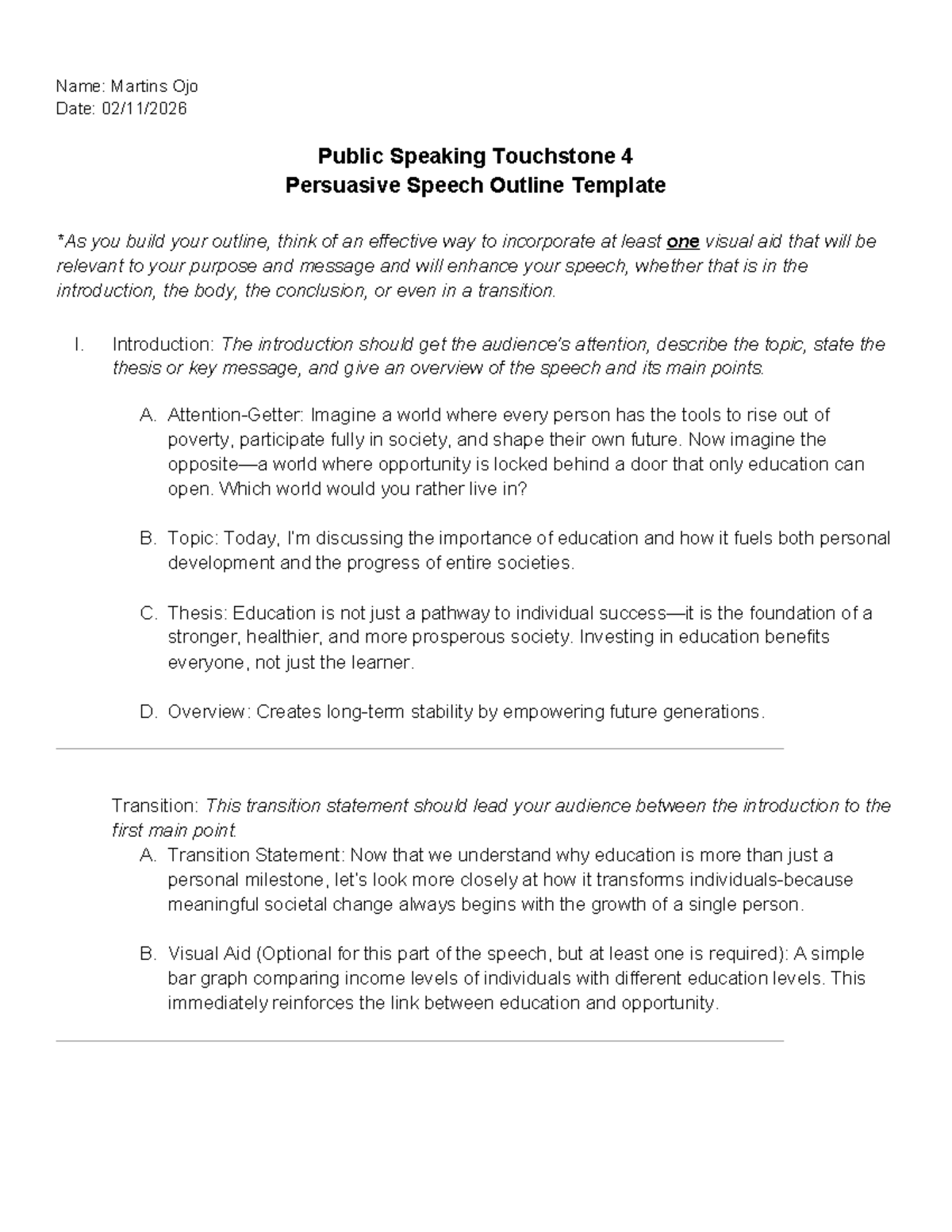 Public Speaking Touchstone 4: Persuasive Speech Outline Template - Studocu