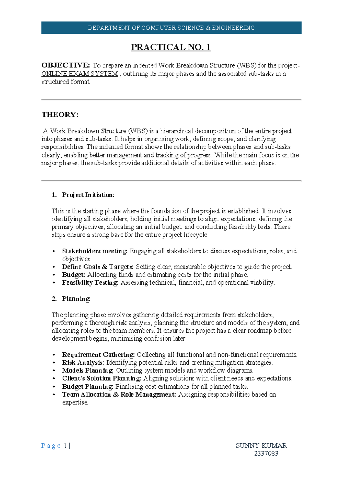 CSE Practical No. 1: Work Breakdown Structure for Online Exam System - Studocu