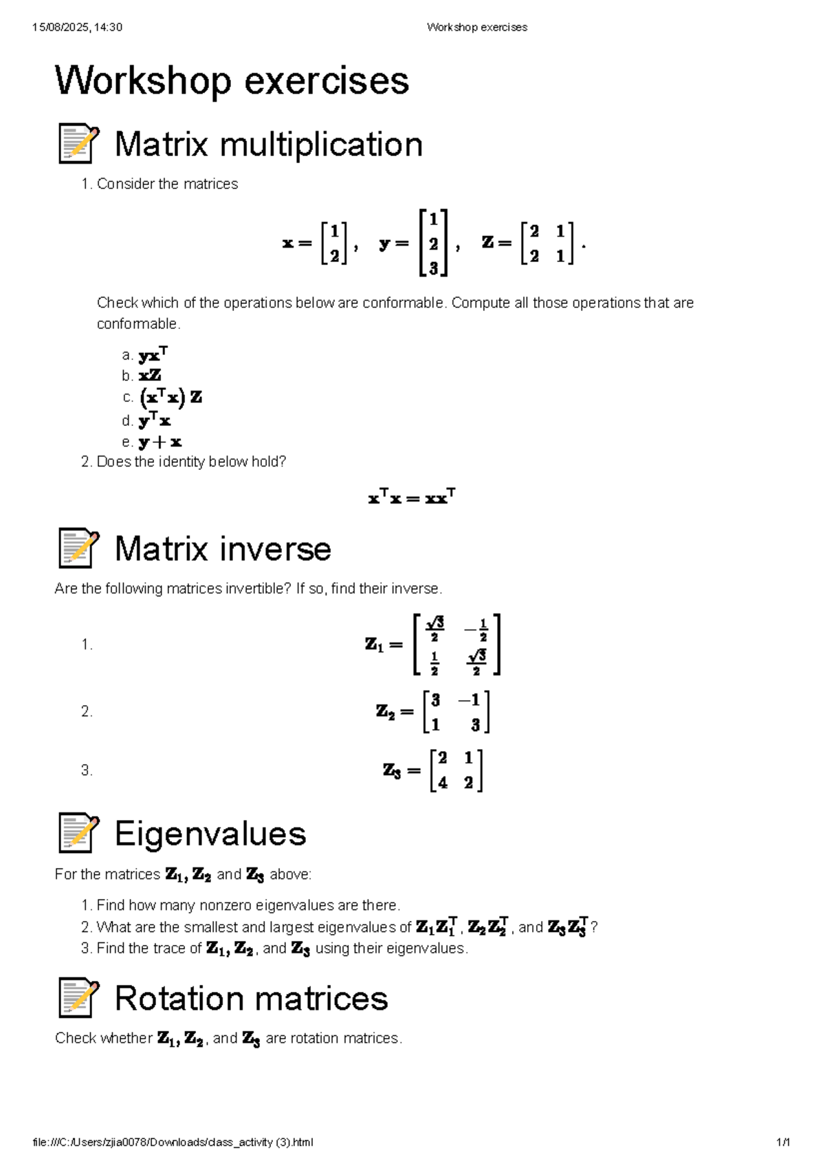 14:30 Workshop Exercises: Matrix Operations & Eigenvalues Notes - Studocu