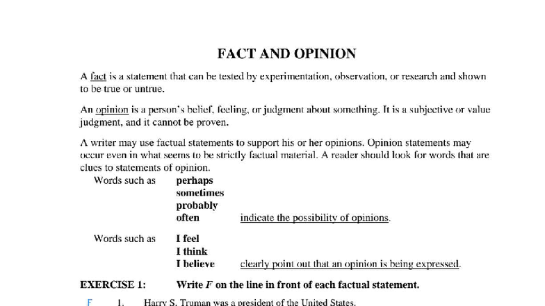 FACT AND OPINION PRACTICE EXERCISES - 1 - Studocu