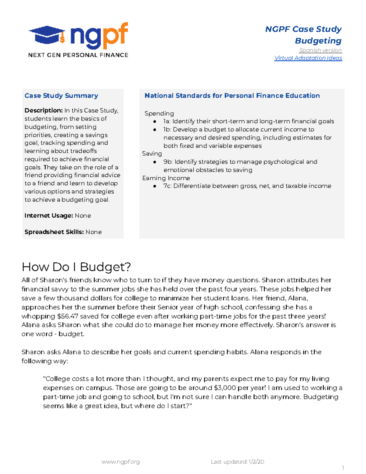 NGPF Case Study: Budgeting Strategies for Financial Success - Studocu