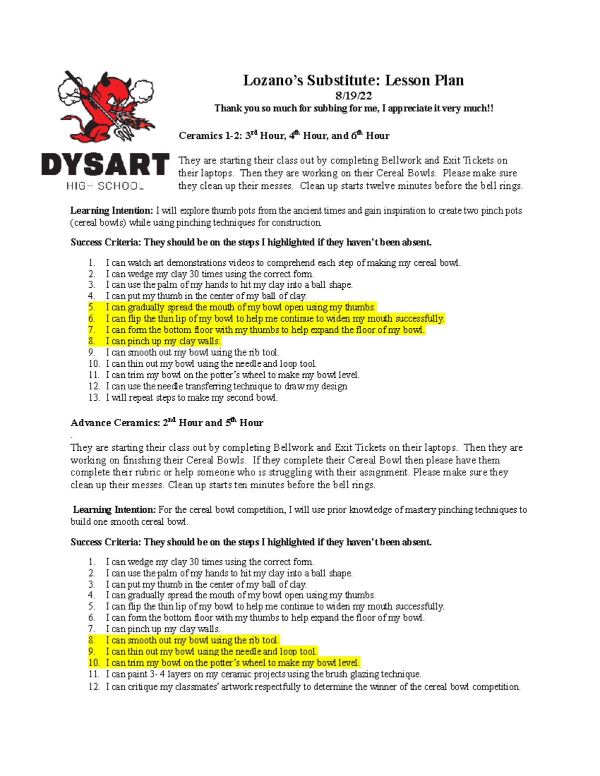 Substitute Lesson Plan 8-17-22 - Lozano’s Substitute: Lesson Plan 8/19 ...