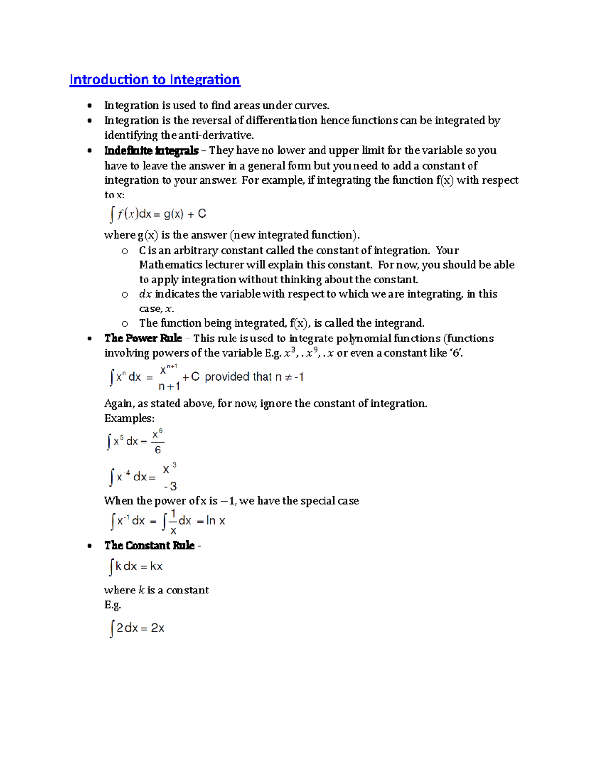 Mathematics 101: Introduction to Integration Concepts and Rules - Studocu