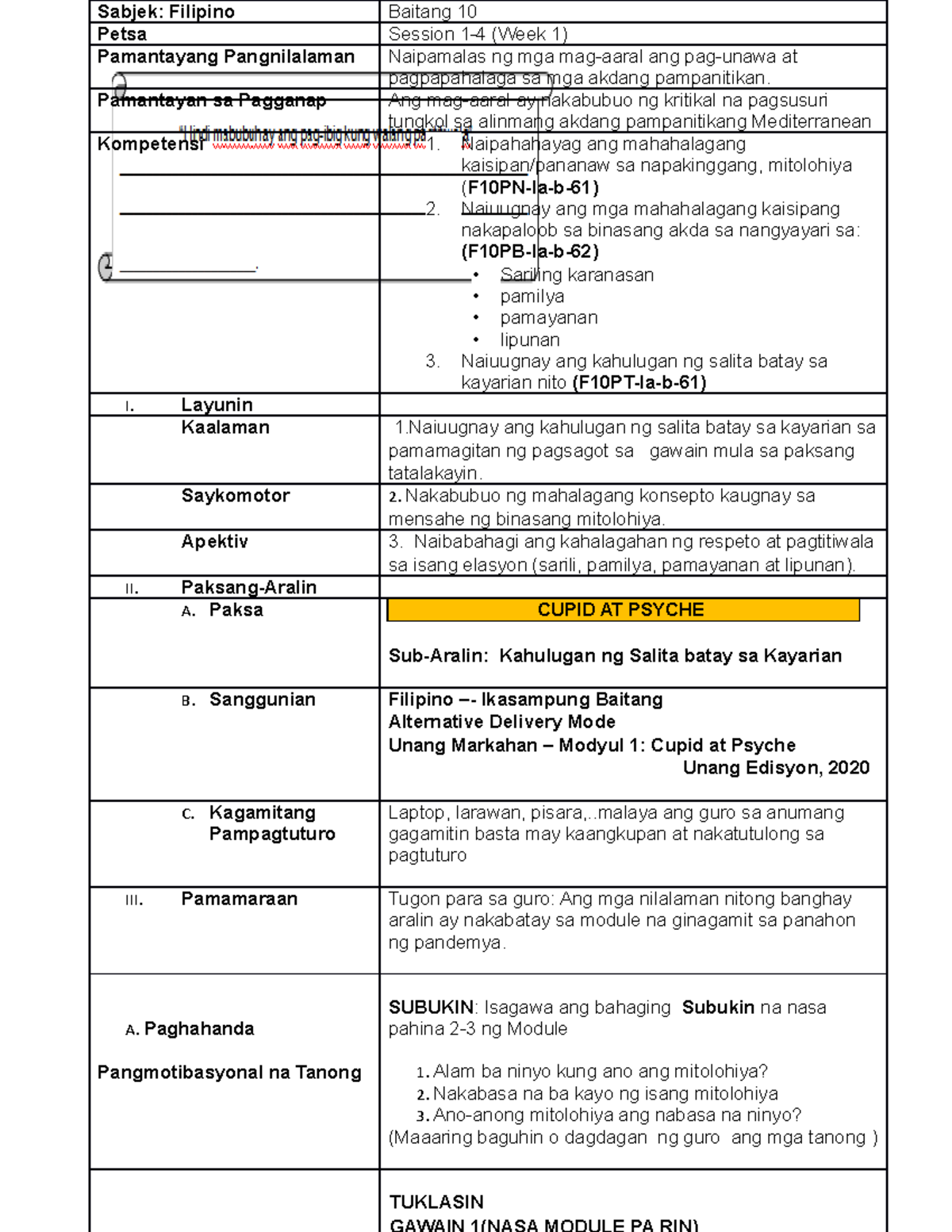 Lesson-plan- Filipino 10, Q1-W1 - Sabjek: Filipino Baitang 10 Petsa ...