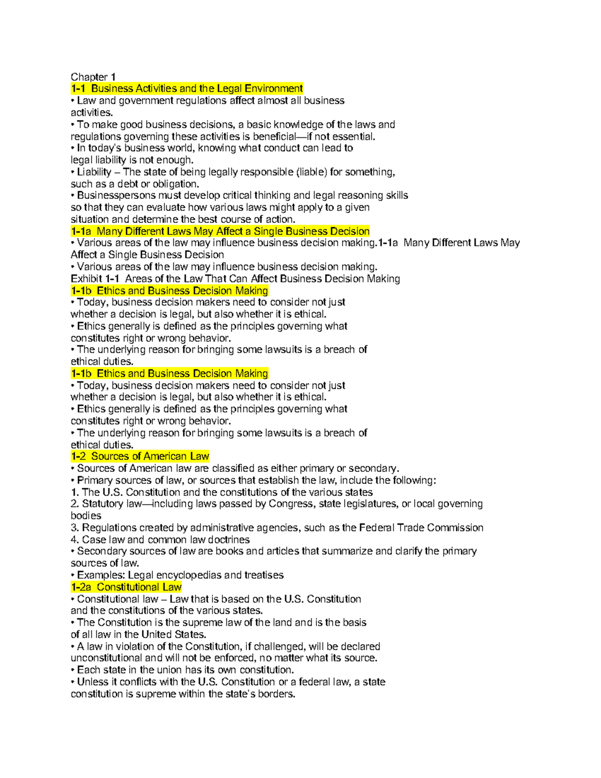 BUL Notes - Chapter 1 1-1 Business Activities and the Legal Environment ...