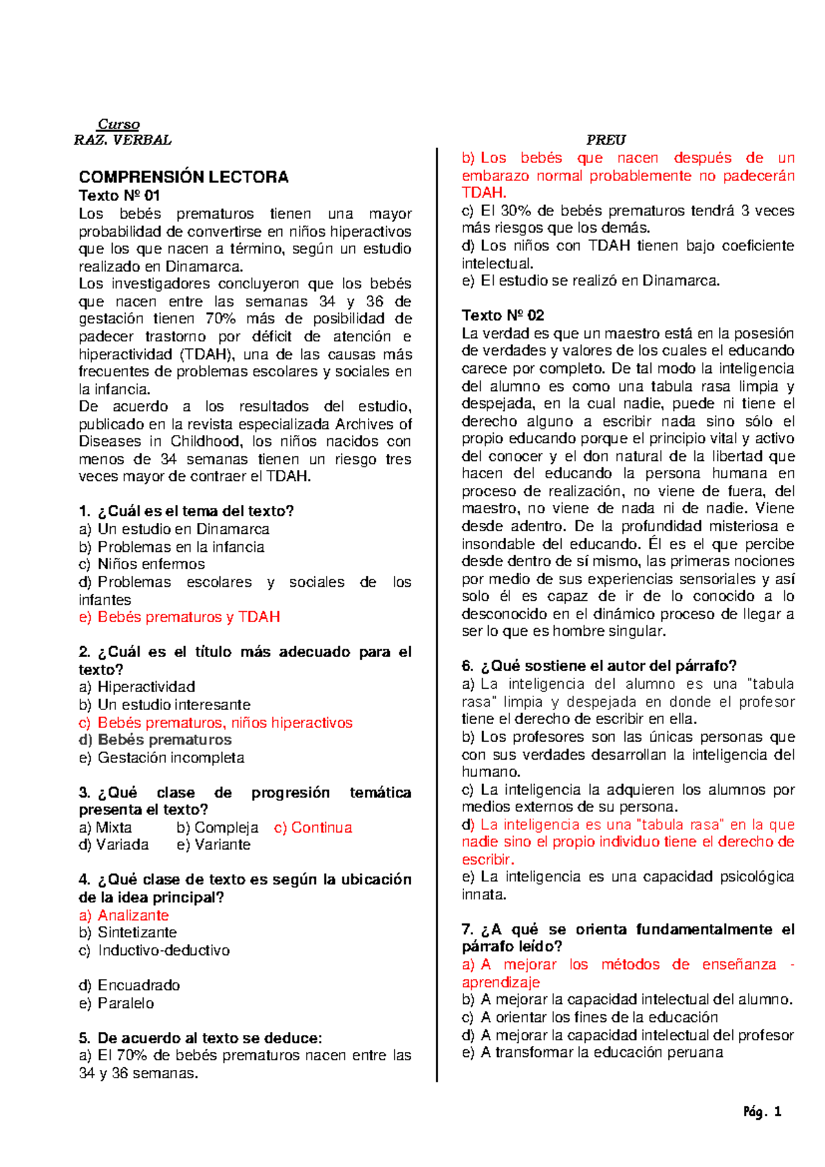 Curso RAZ. VERBAL PREU COMPRENSIÓN LECTORA: Mecanismos de Cohesión Textual - Studocu