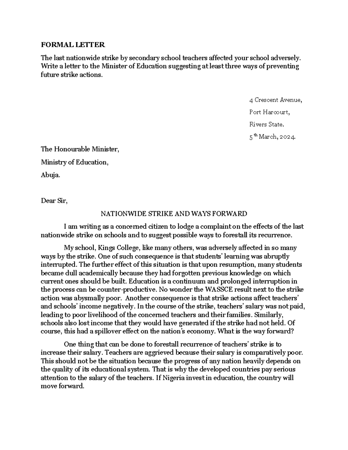 Formal Letter: Suggestions to Prevent Future Nationwide Strikes - Studocu