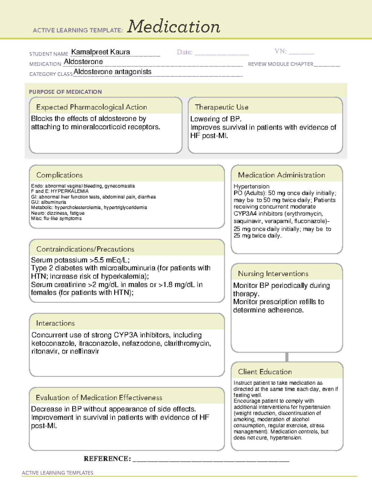 Aldosterone - ATI Active Learning Template for Medications - Studocu