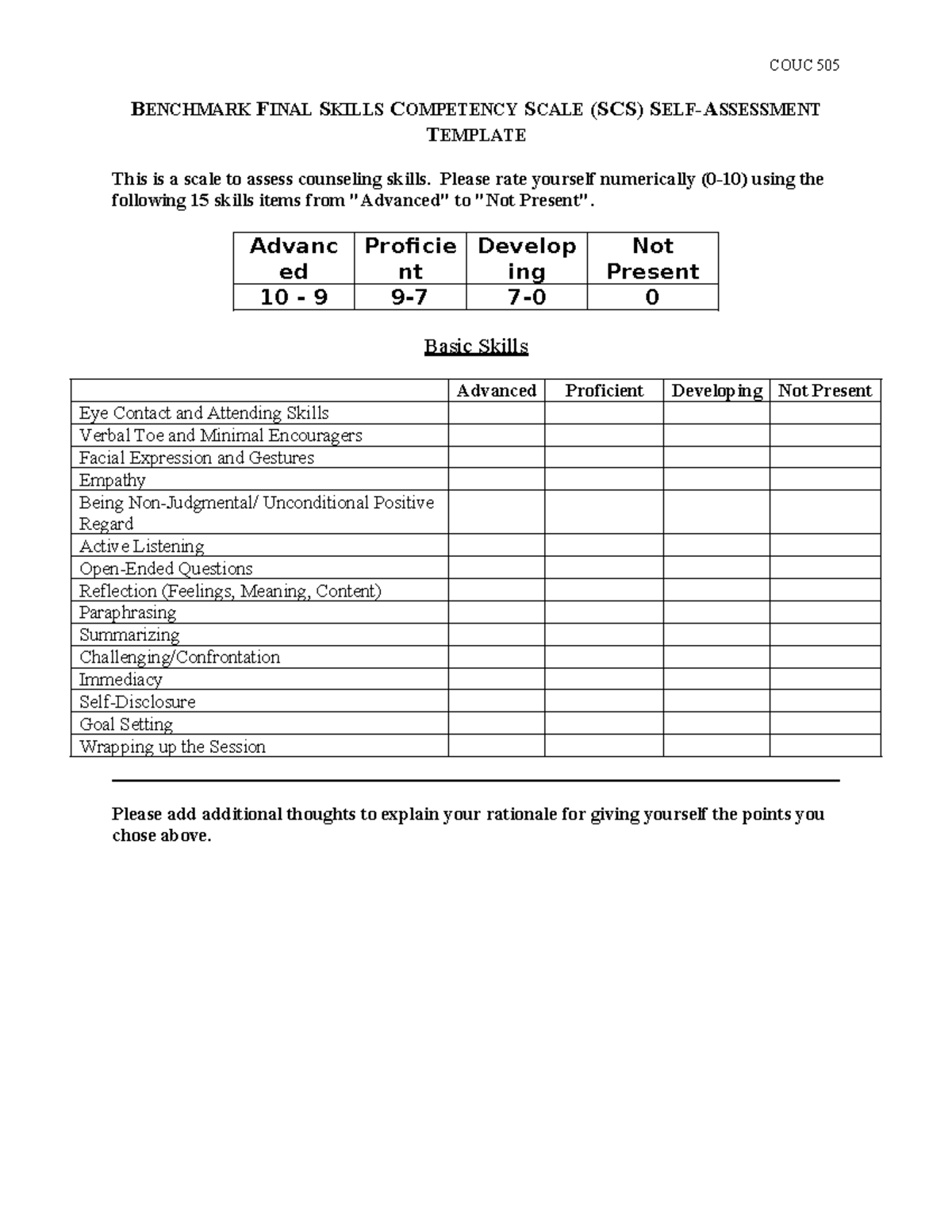 Benchmark Final Skills Competency Scale (SCS) Self-Assessment ...