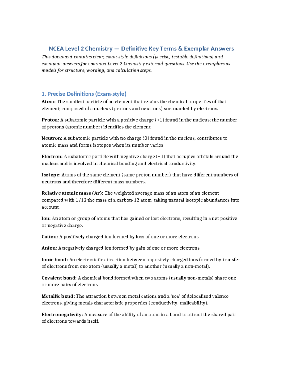 NCEA L2 Chemistry Final Exam Key Terms & Exemplar Answers - Studocu
