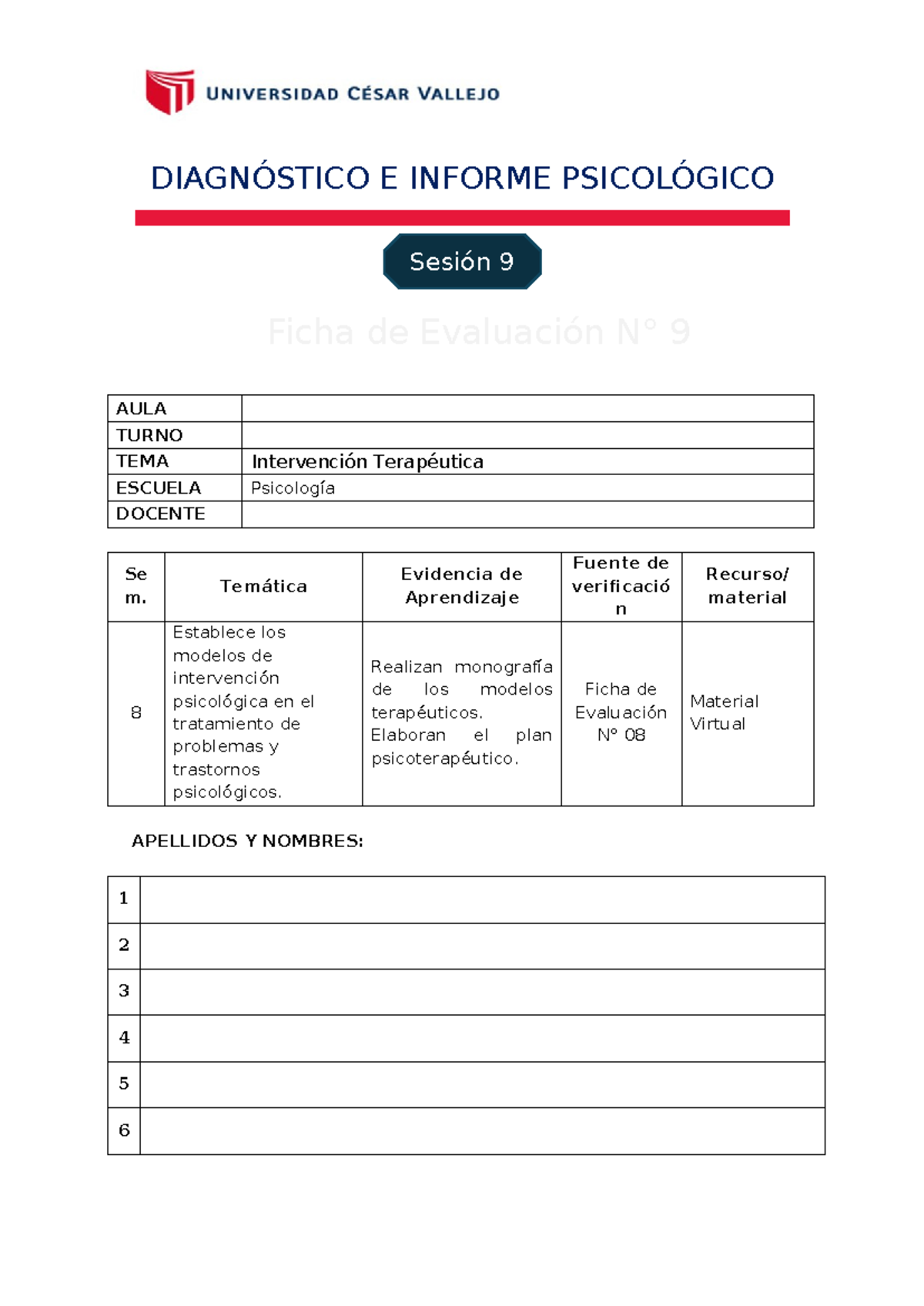 Ficha de Evaluación N° 09 - DIAG-INFO - Intervención Terapéutica 2025 - Studocu