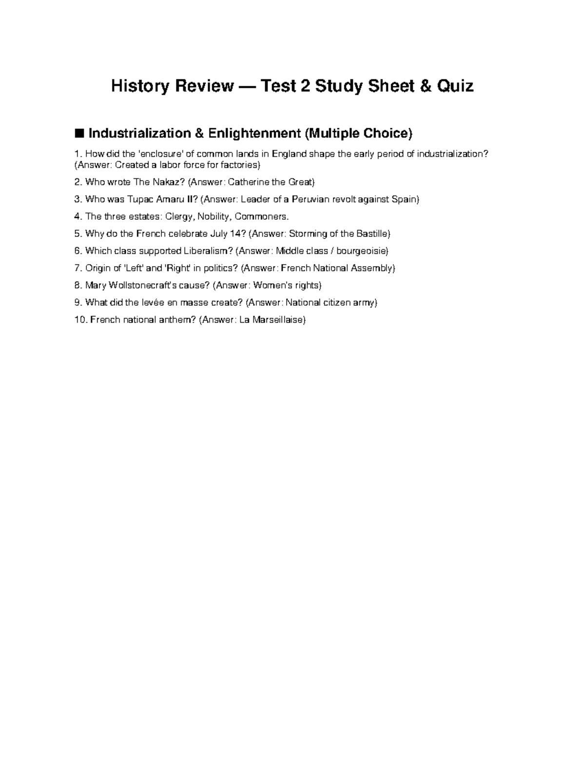 History Review - Test 2 Study Sheet & Quiz (Industrialization ...