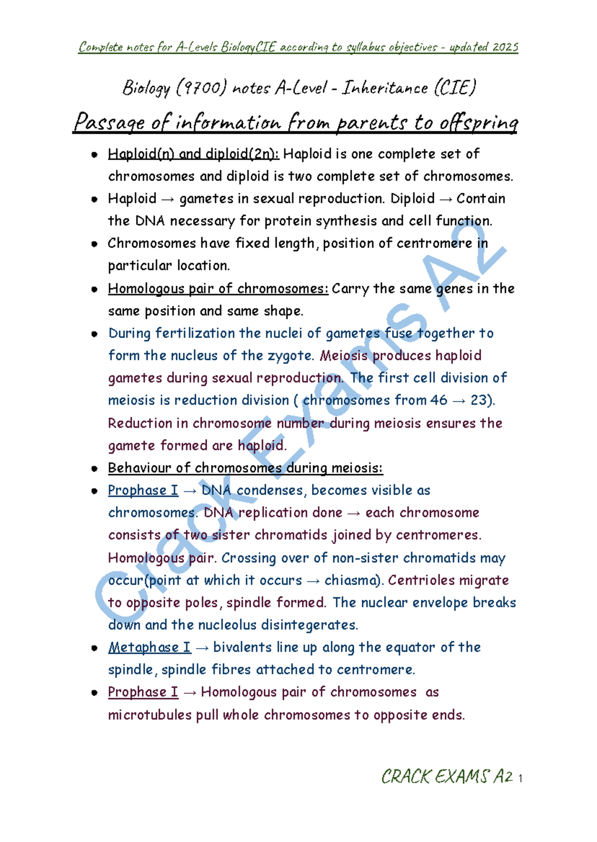 Biology (9700) A-Level Notes: Inheritance & Meiosis Overview (CIE ...