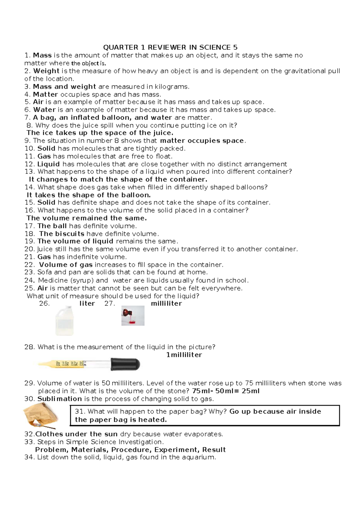 First Quarter Science 5 Reviewer: Mass, Weight, and Matter Concepts ...