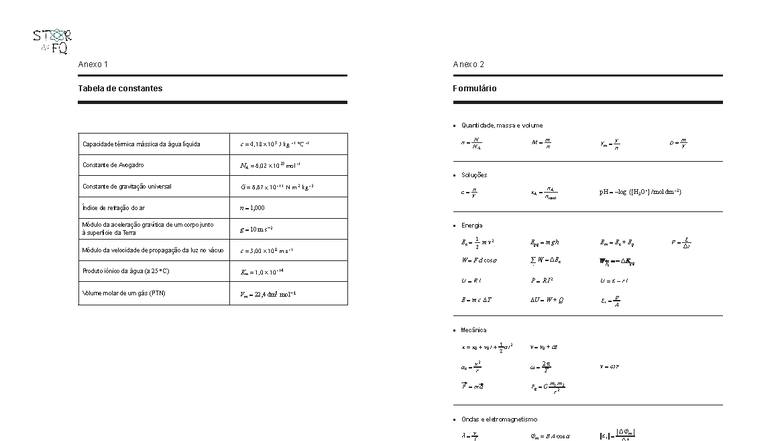 Formulário Exame Nacional FQA STORde FQ 2223: Tabelas e Constantes ...