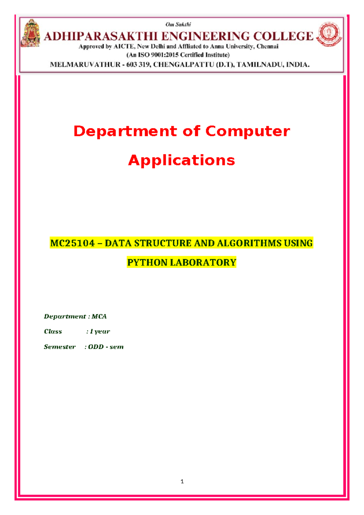 MC25104 - Data Structures & Algorithms Lab Manual - Studocu