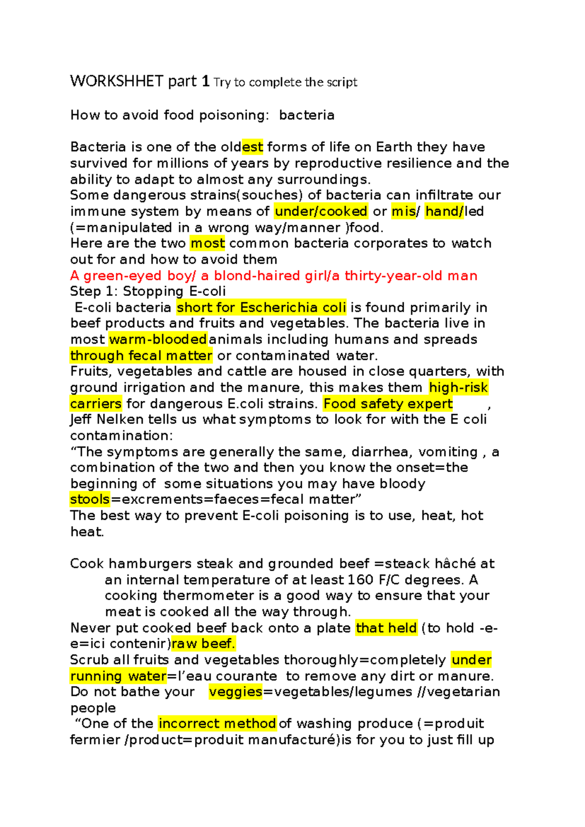 L3PVIA Worksheet: How to Avoid E. Coli Food Poisoning - Studocu