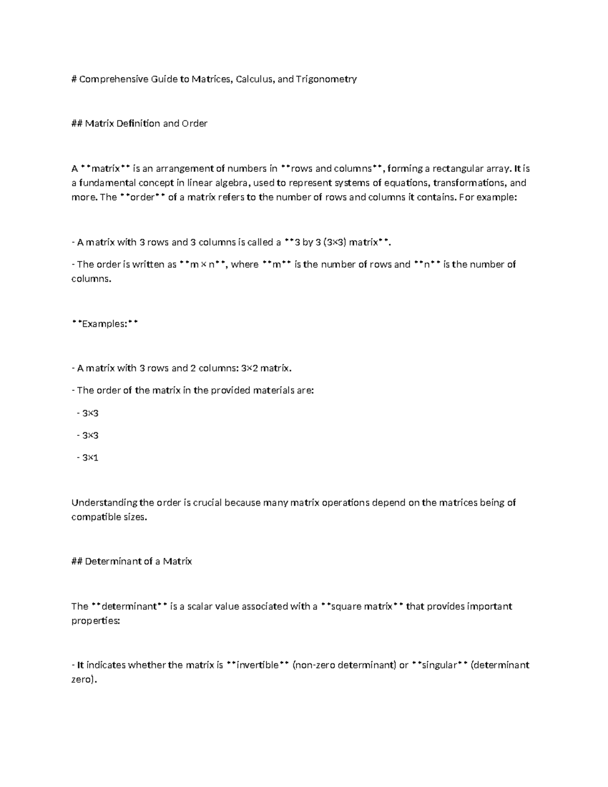Comprehensive Guide to Matrix Operations & Calculus Principles (MATH101 ...