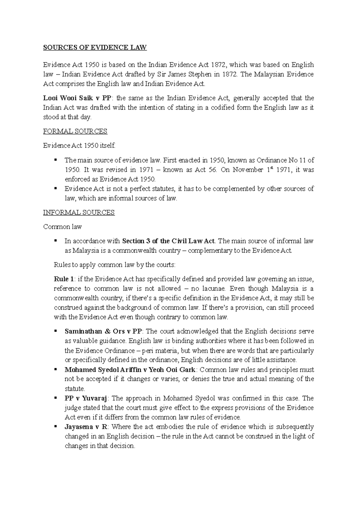 SOURCES OF EVIDENCE LAW: Analyzing Malaysian Evidence Act 1950 - Studocu