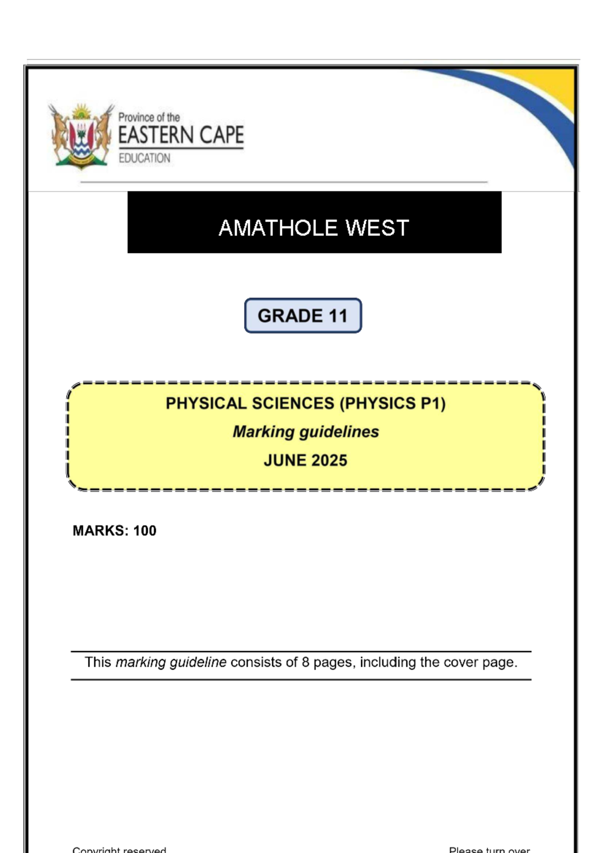 AW Physical Sciences P1 Memo June 2025 - Grade 11 Guidelines - Studocu