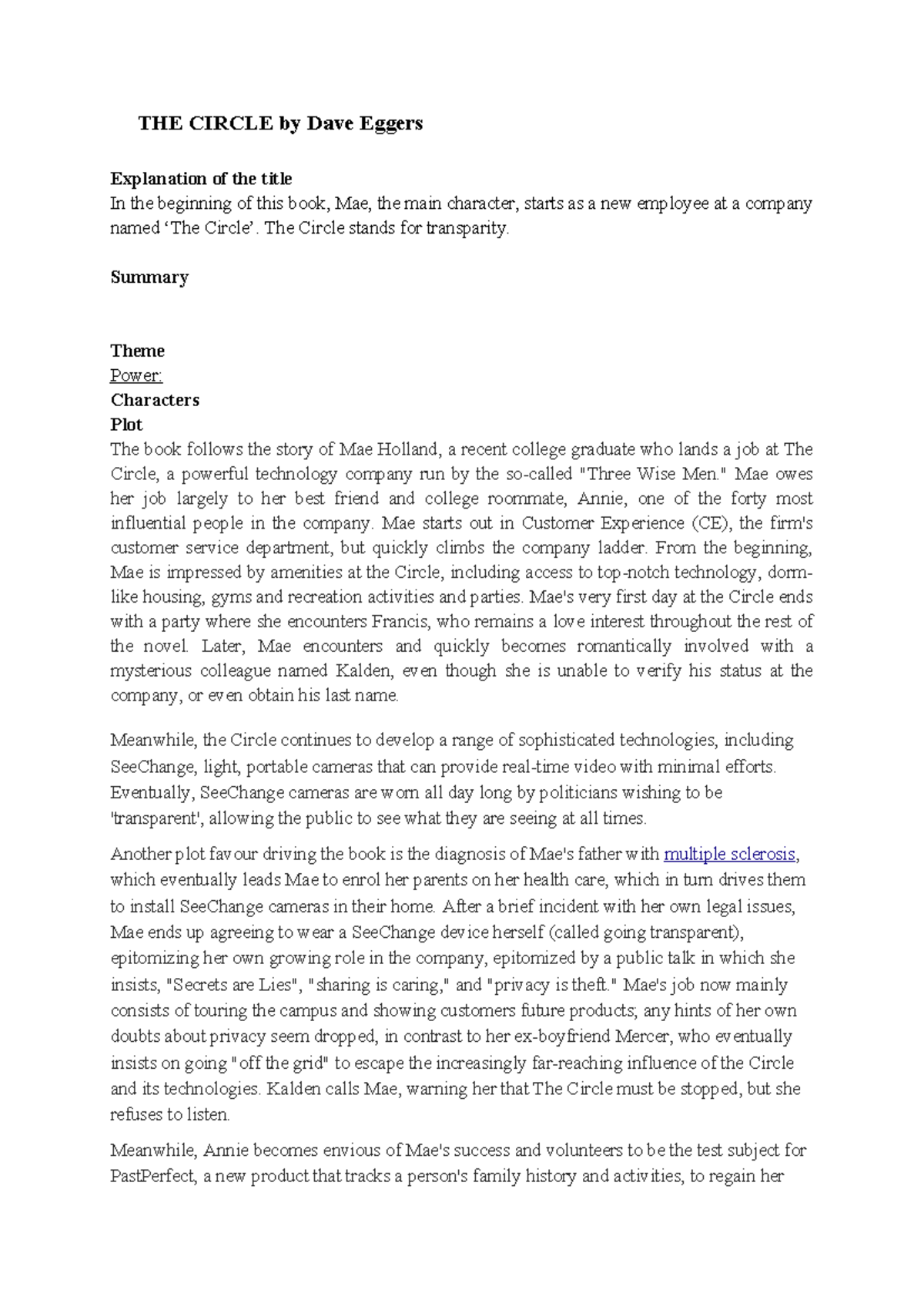 1426254480 The Circle - Summary and Analysis Notes - Studeersnel