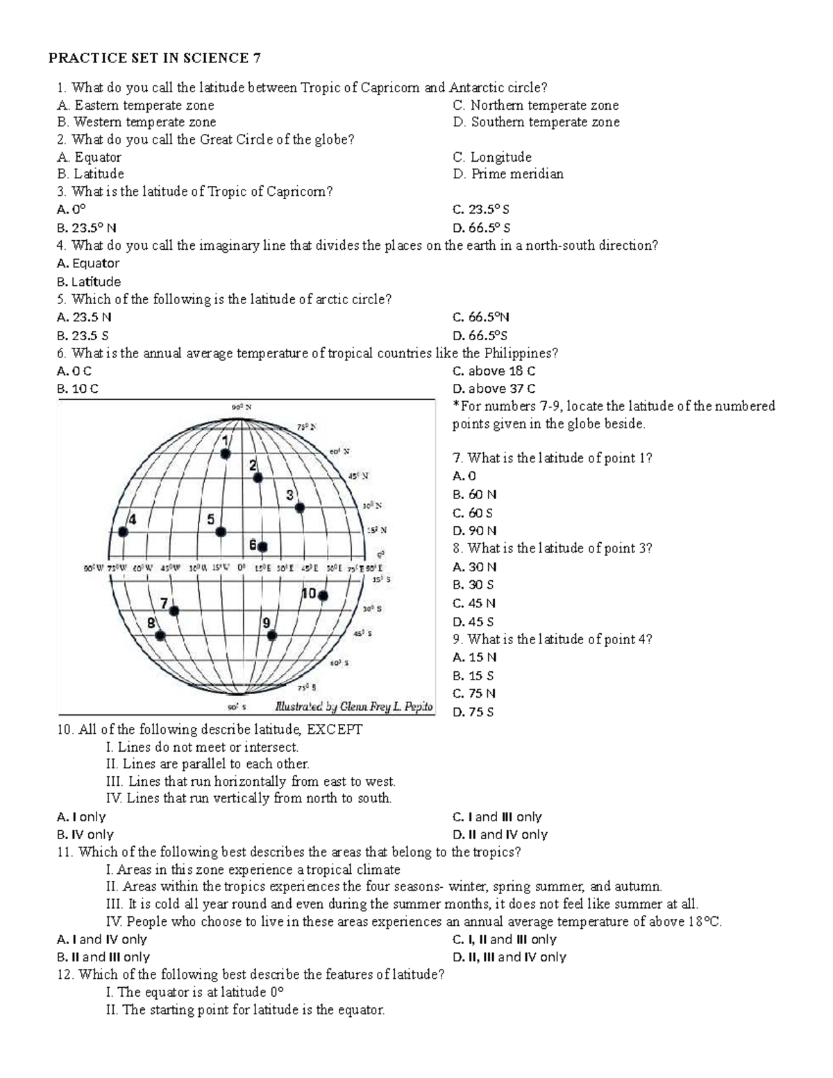 Practice Set in Science 7: Understanding Latitude and Longitude Concepts - Studocu