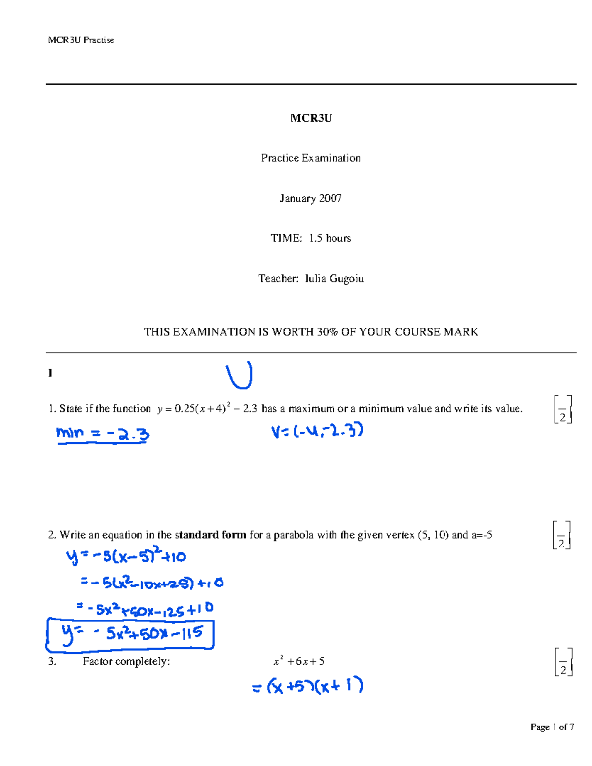 MCR3U Final Exam Practice - January 2007 - Studocu