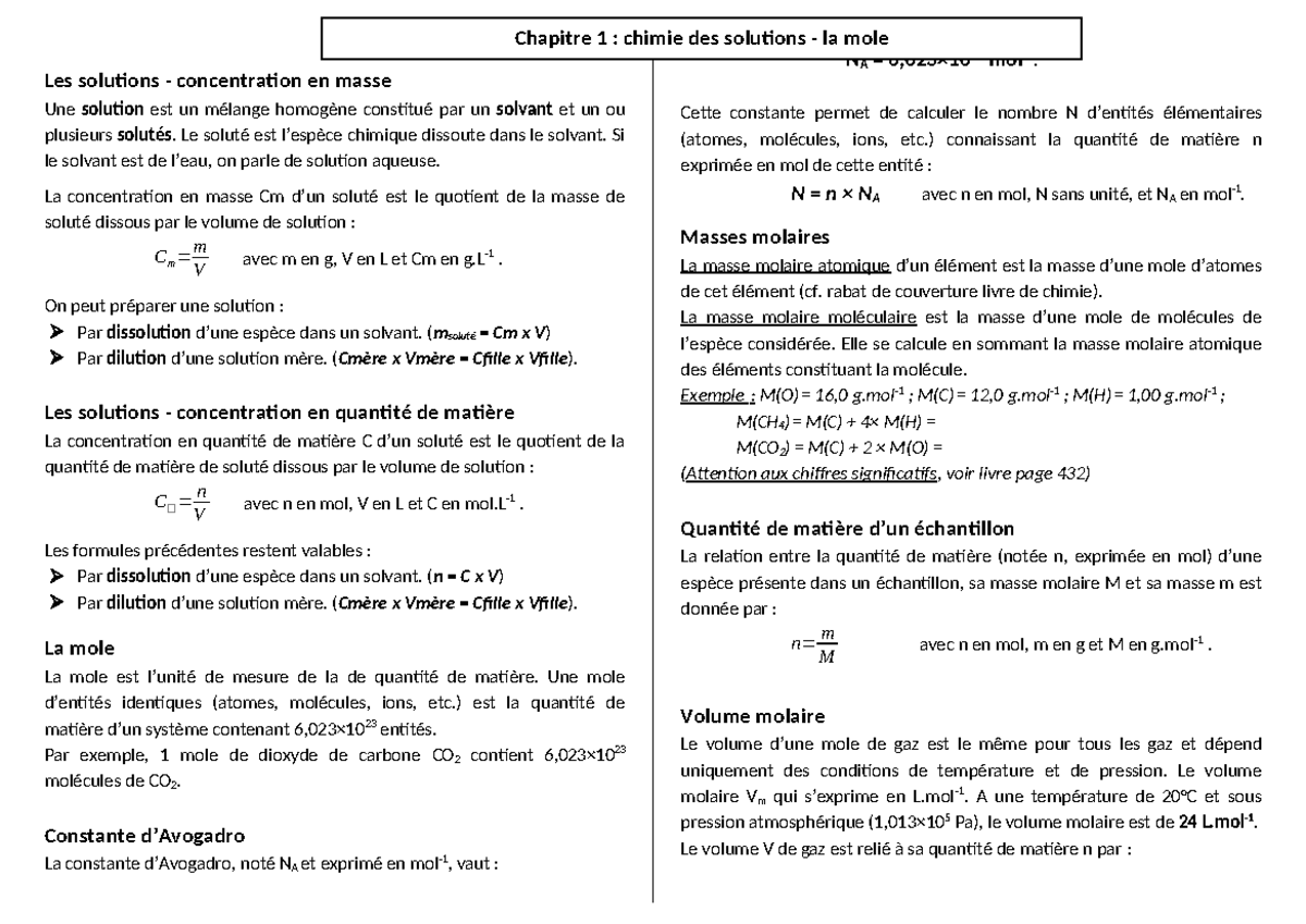 Cours 01 : Concentration en Masse et La Mole - Chapitre 1 - Studocu