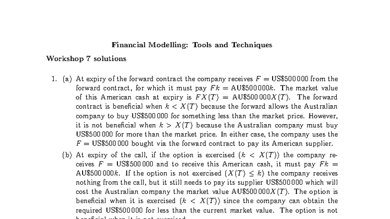FM3: Financial Modelling Workshop 7 Solutions and Analysis - Studocu