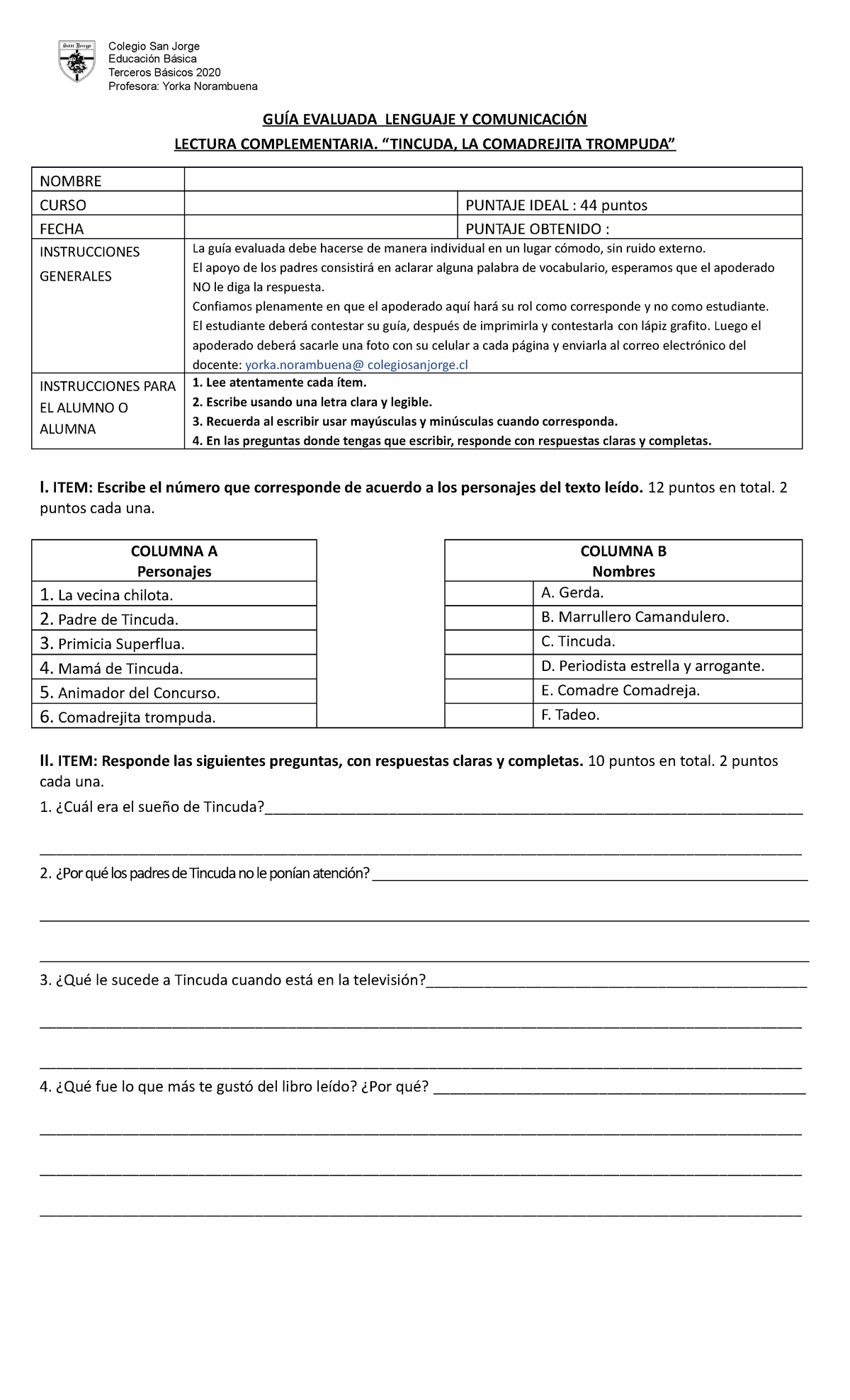 3° Básico Lenguaje: Guía Evaluada sobre "Tincuda, La Comadrejita ...