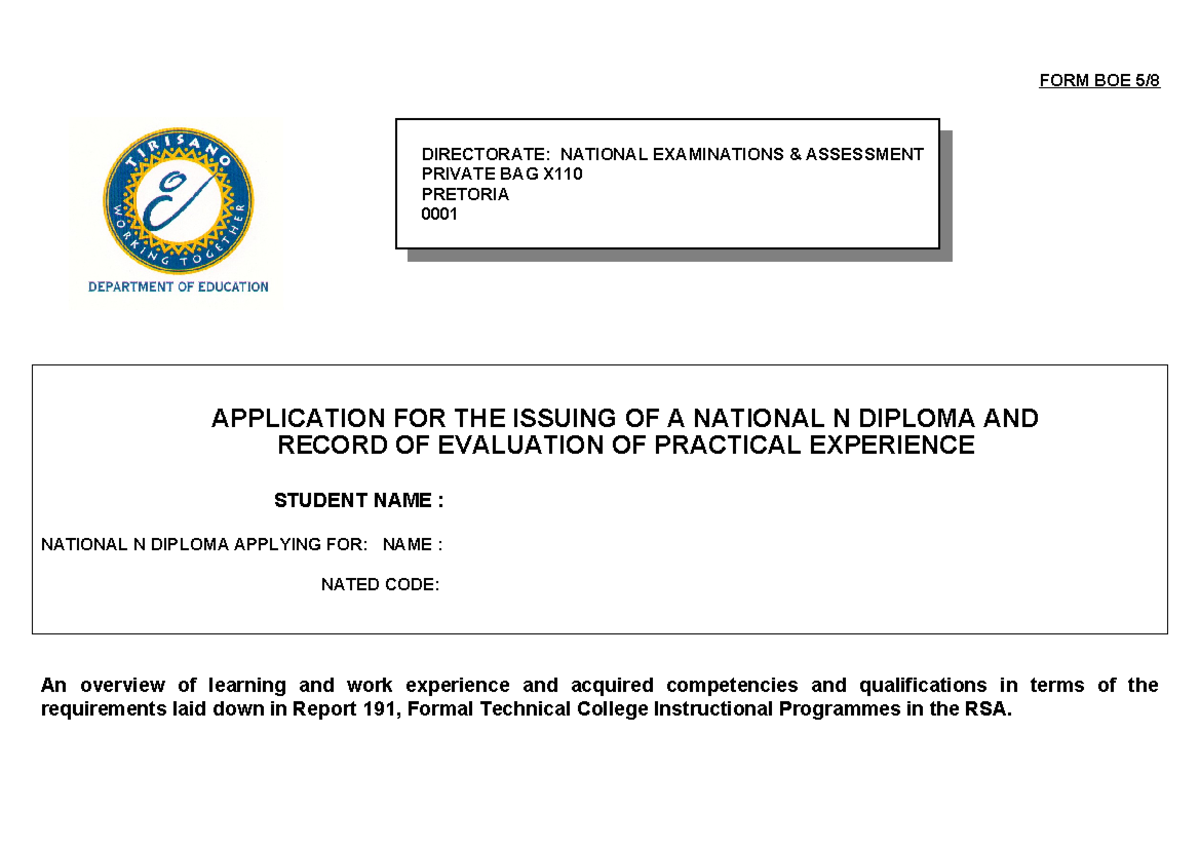 DHET National Diploma Application Form for N4, N5, and N6 - Studocu