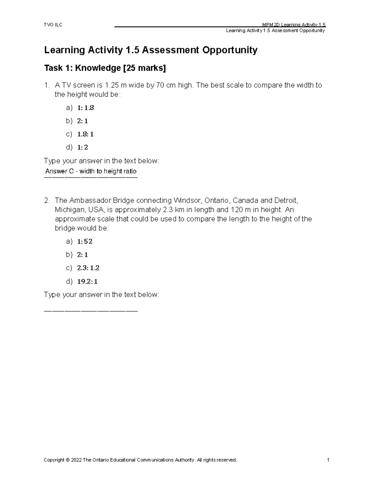 TVO ILC MPM2D Learning Activity 1.5 Assessment & Application Tasks ...