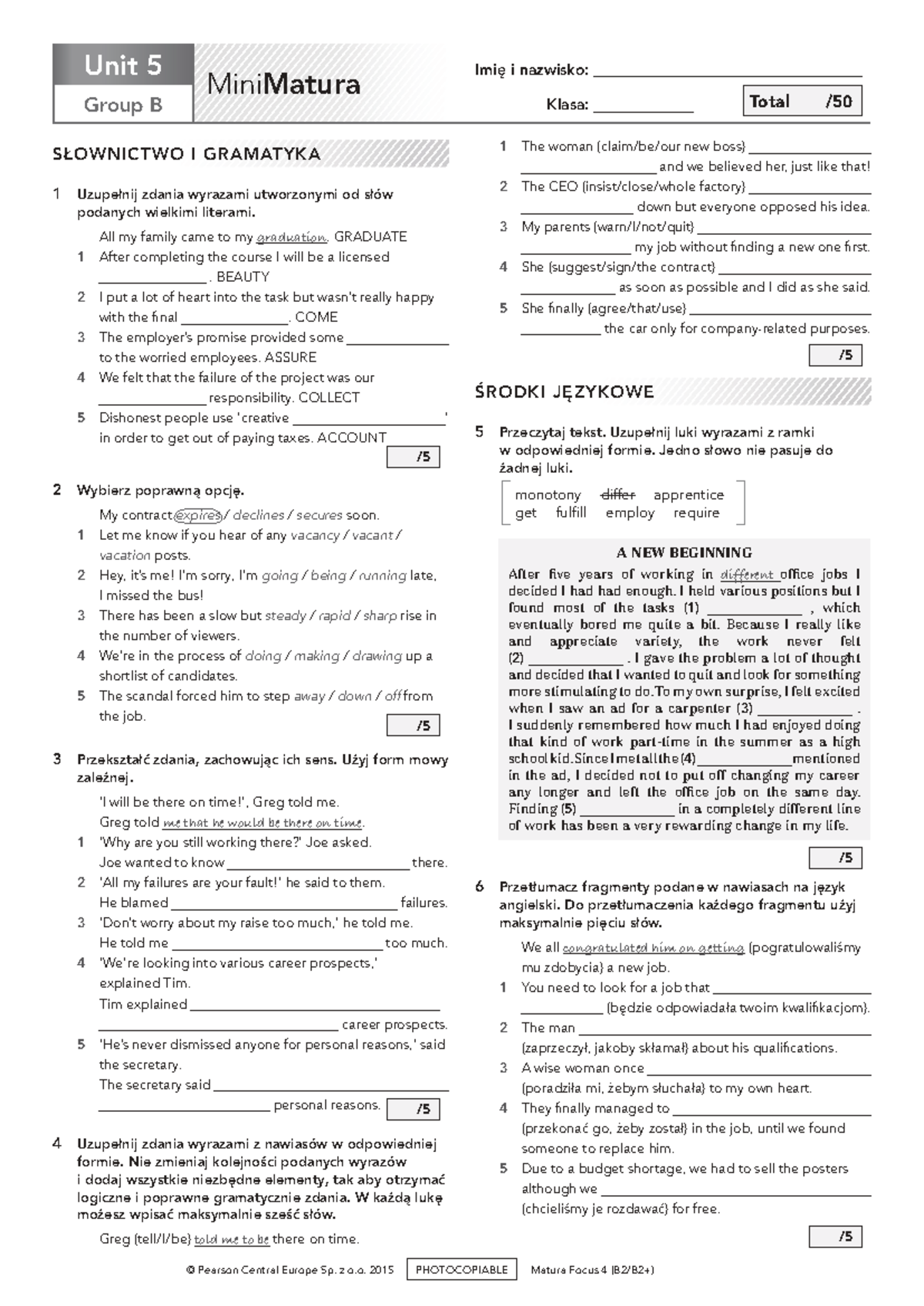 Unit 5 Mini Matura Group B: Vocabulary and Grammar Exercises - Studocu