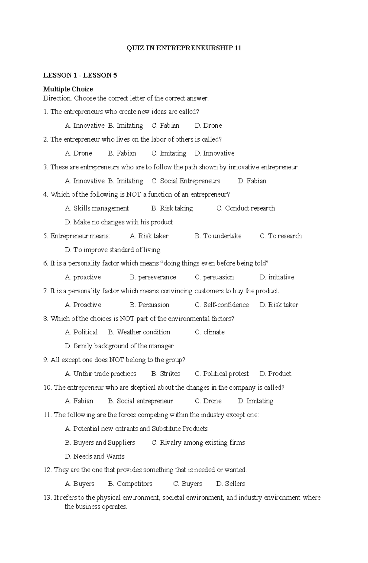 Entrepreneurship 11 Quiz: Lessons 1-5 Review and Assessment - Studocu