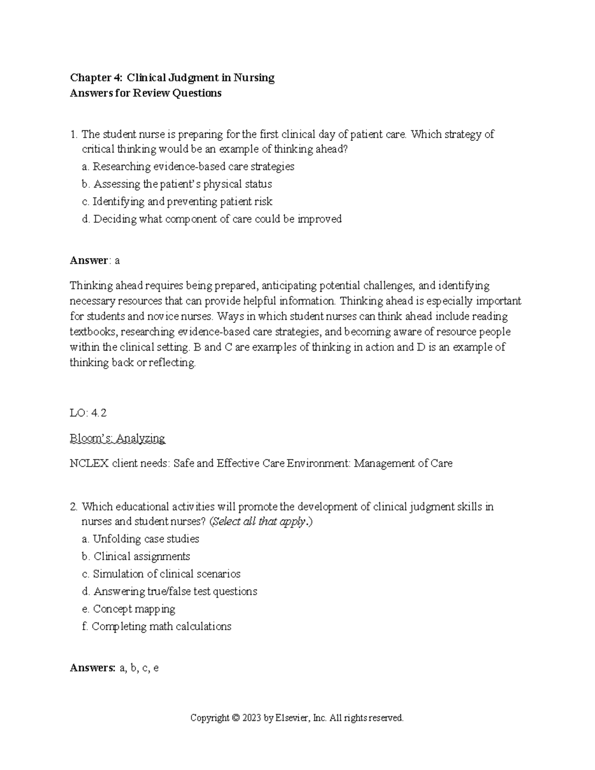 Chapter 4: Clinical Judgment in Nursing Practice Questions - Studocu
