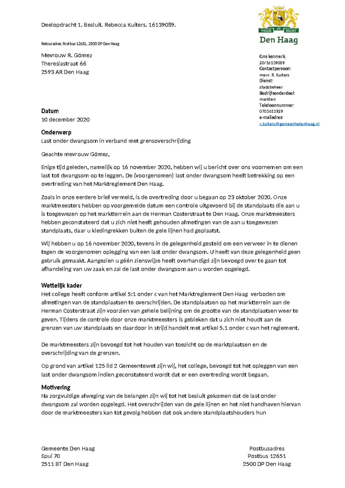 Deelopdracht 1: Besluit Last onder Dwangsom - Rebecca Kuiters - Studeersnel