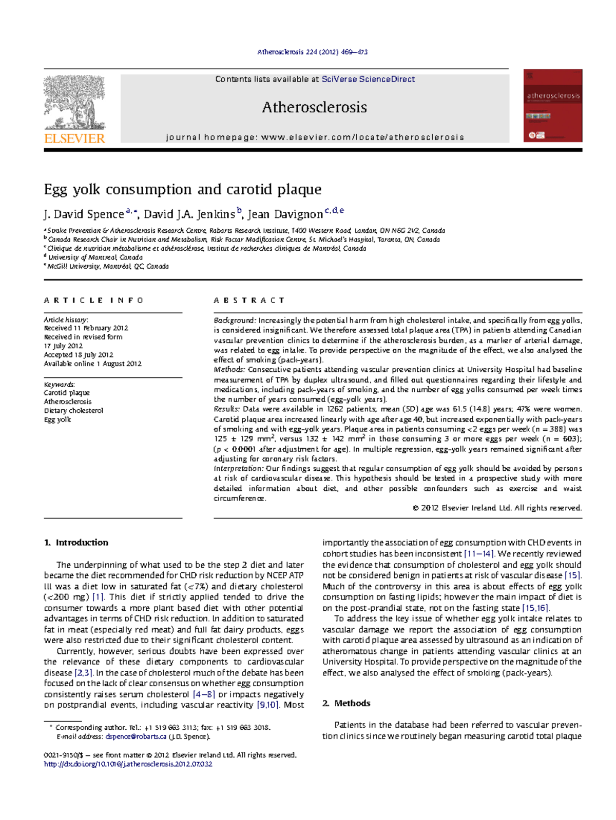 Spence et al. 2012 - Impact of Egg Yolk Consumption on Carotid Plaque ...