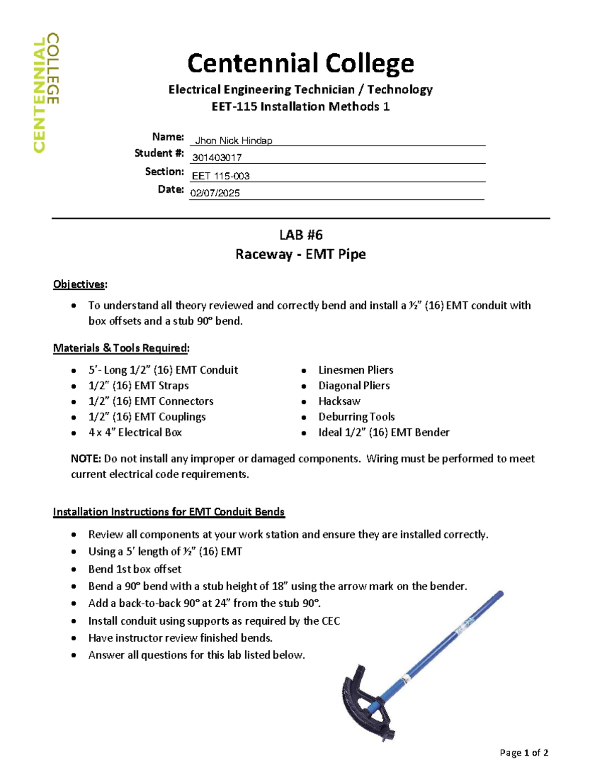 EET-115 Lab 6: EMT Pipe Installation Methods and Bending Techniques ...