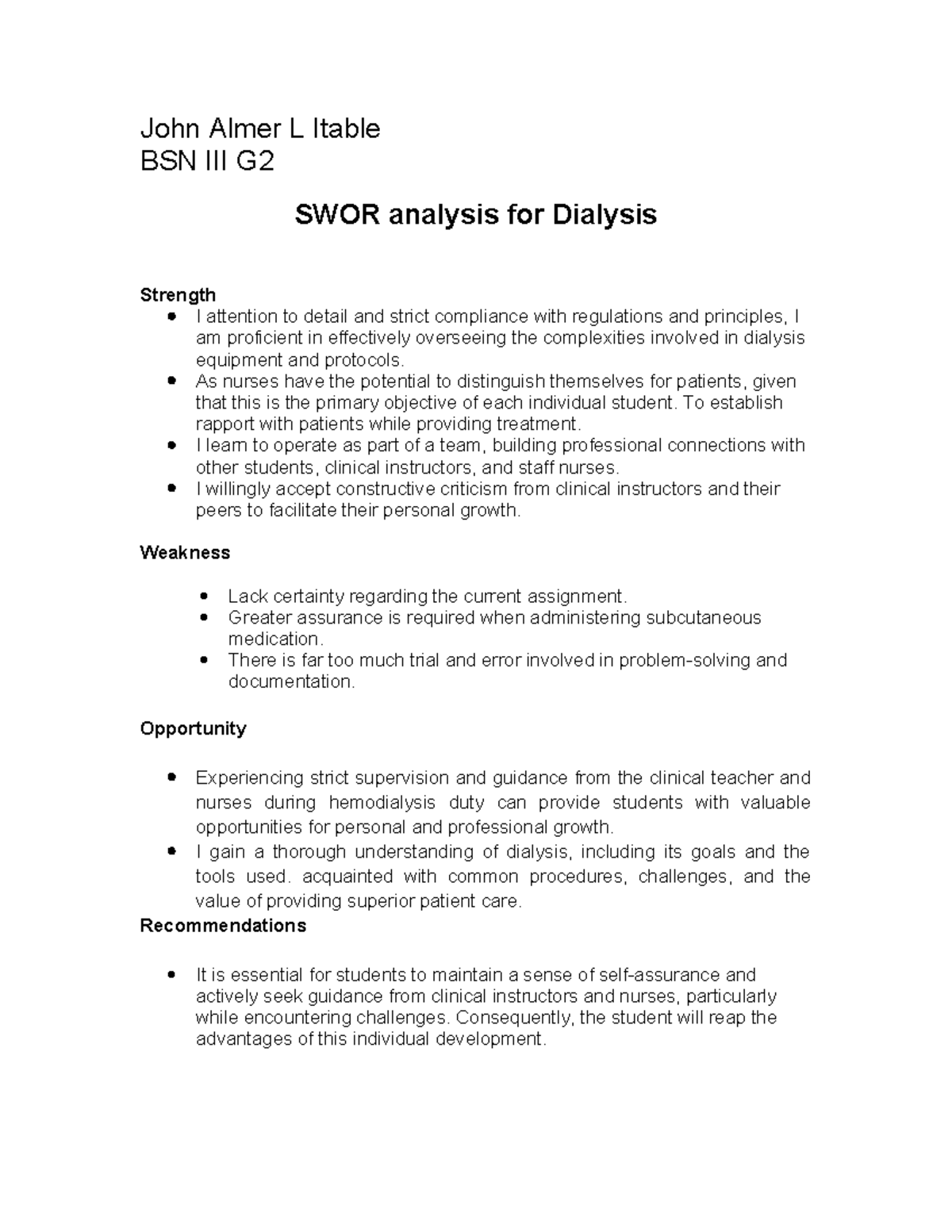 SWOR Analysis for BSN III G: Insights on Dialysis Practice - Studocu